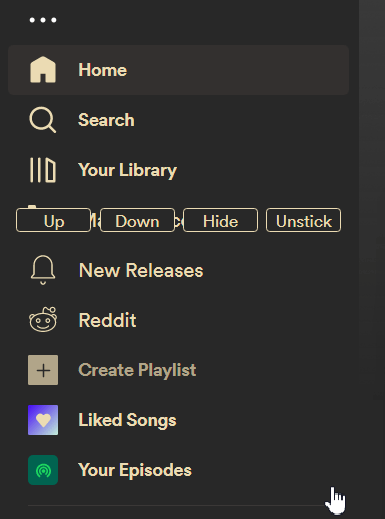 [Sidebar Config] Options not showing on hover of Create Playlist, Liked Songs and Episodes ...