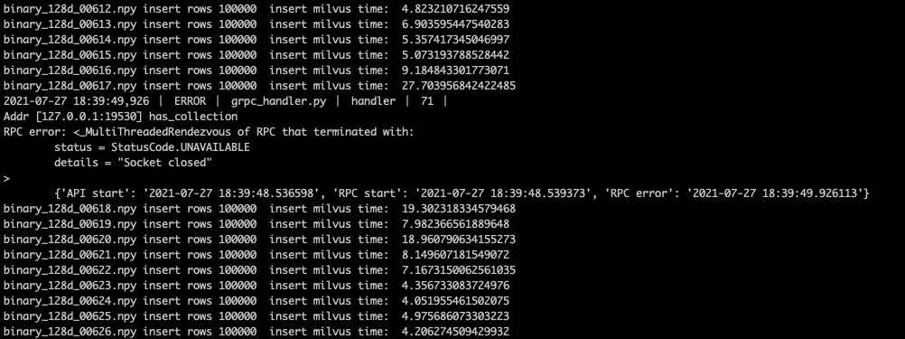 After inserting data into Milvus Pymilvus hangs when calls search, num ...
