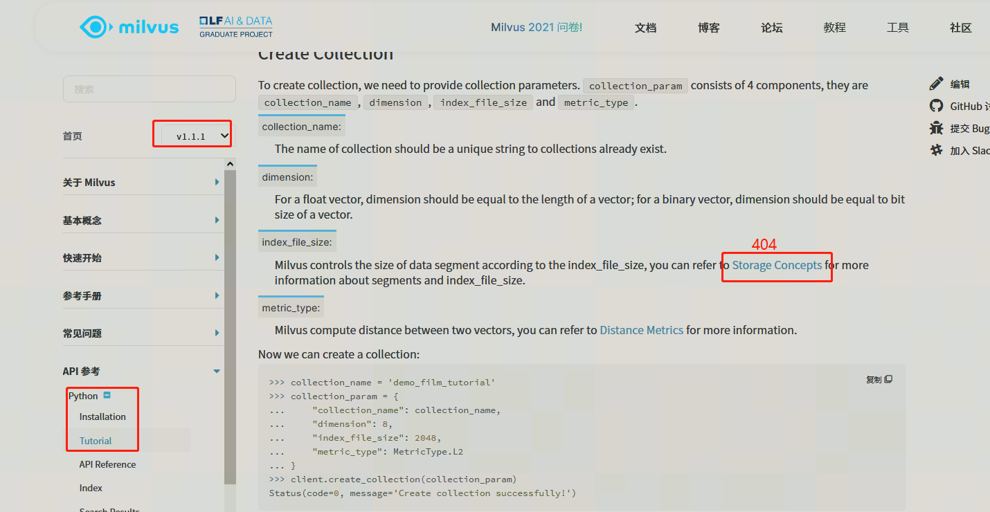[ERROR] Dead link in v1.1.1 Python API reference · Issue #685 · milvus-io/web-content · GitHub
