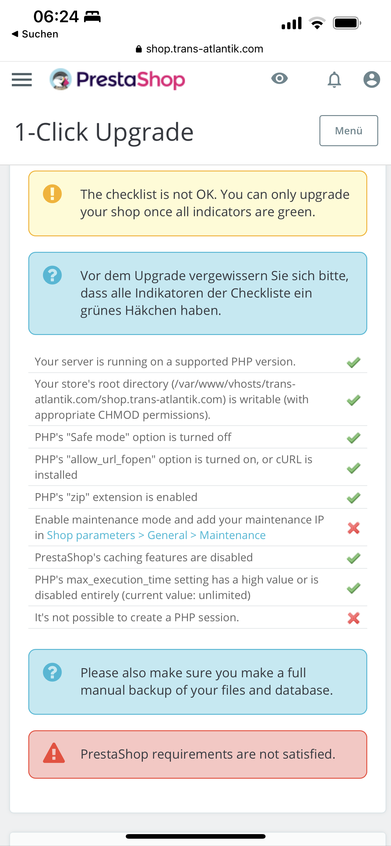 One Click Upgrade 4.15.0.: It's not possible to create a PHP session and no new version ...