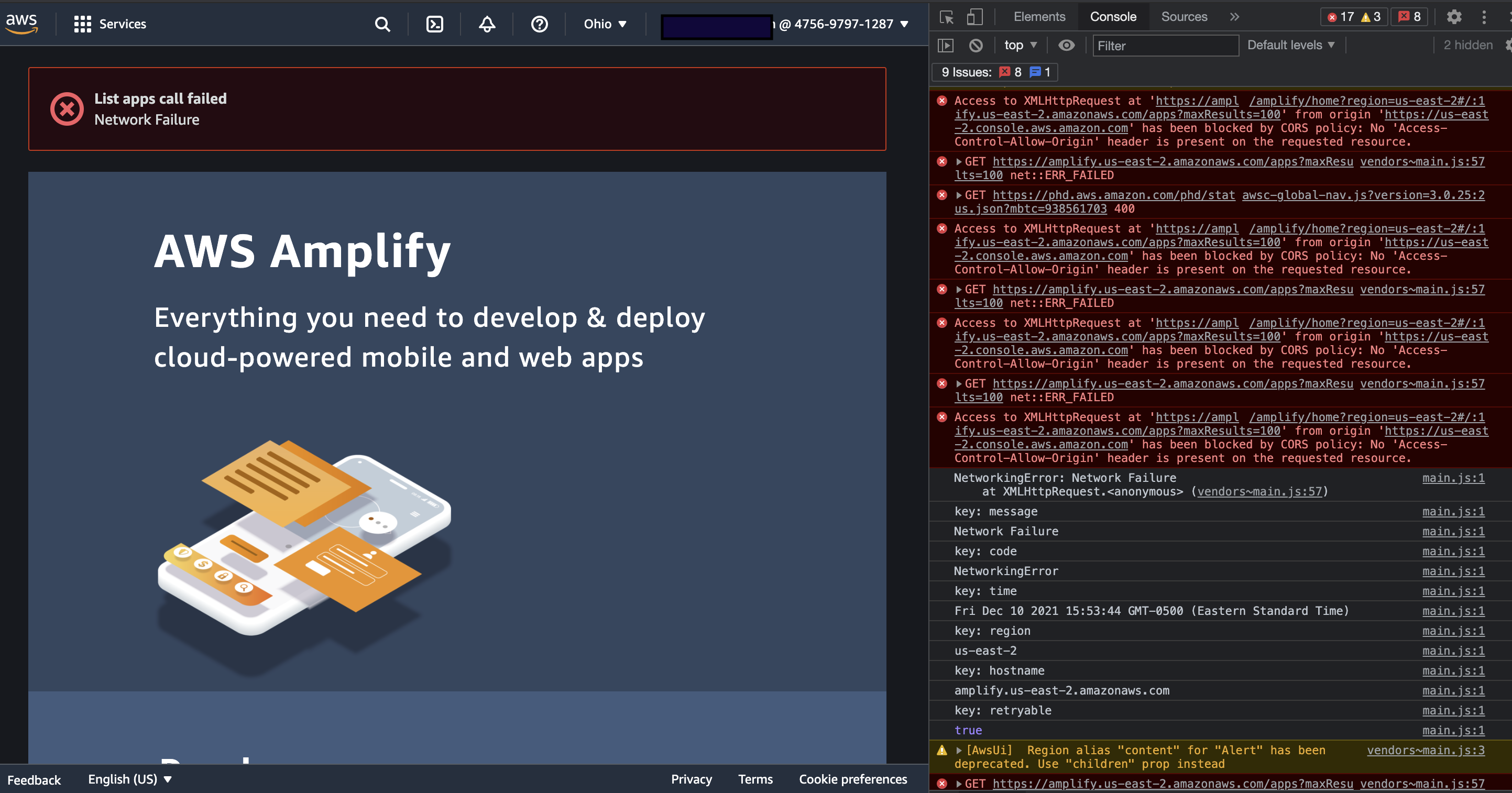 Amplify "List apps call failed Network Failure" · Issue #2417 · aws-amplify/amplify-hosting · GitHub