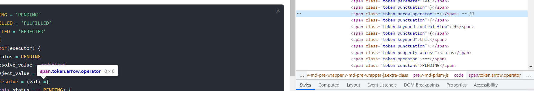 js代码块，箭头"=>"， class类名为token arrow operator的span盒子无宽高 · Issue #151 · code-farmer-i/vue-markdown ...