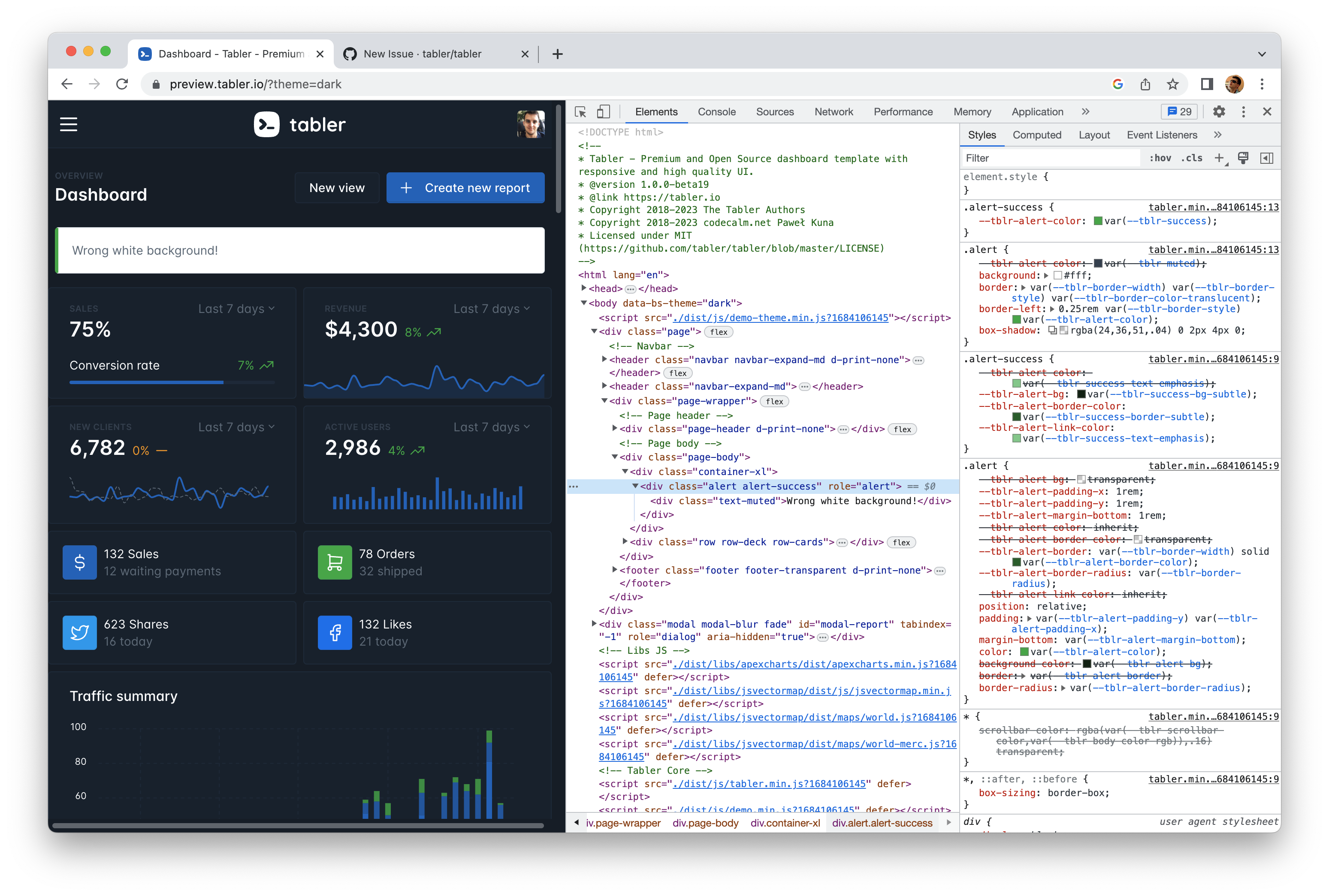 [BUG] Alert backgrounds don't match dark theme · Issue #1607 · tabler/tabler · GitHub
