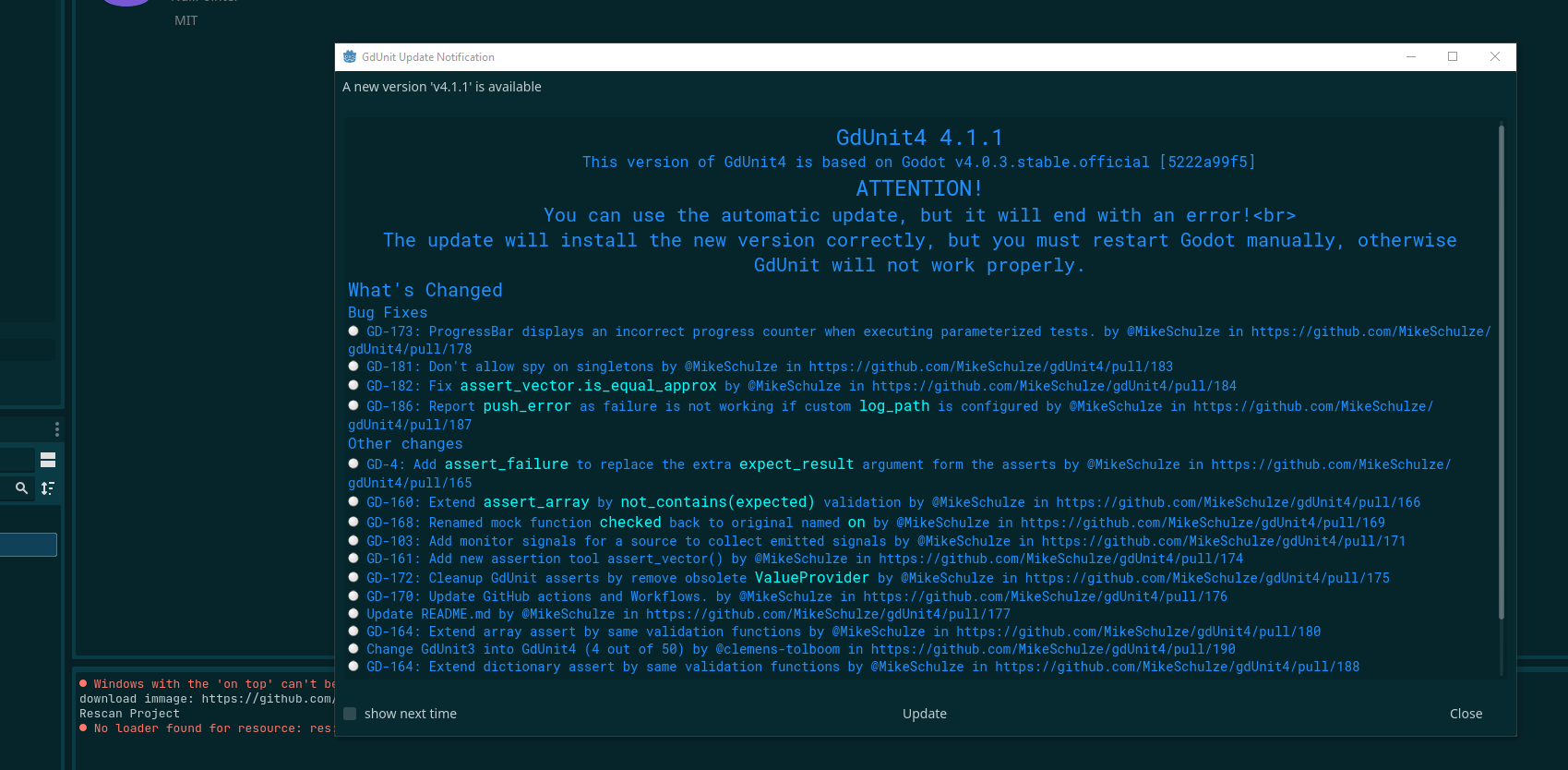 GD-194: Auto updater is broken · Issue #194 · MikeSchulze/gdUnit4 · GitHub