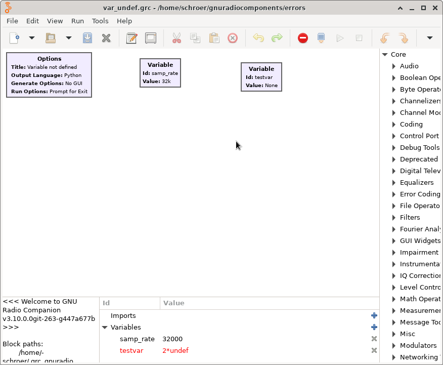 Unused variable not defined in flowgraph cause GNURadio crashing · Issue #4519 · gnuradio ...