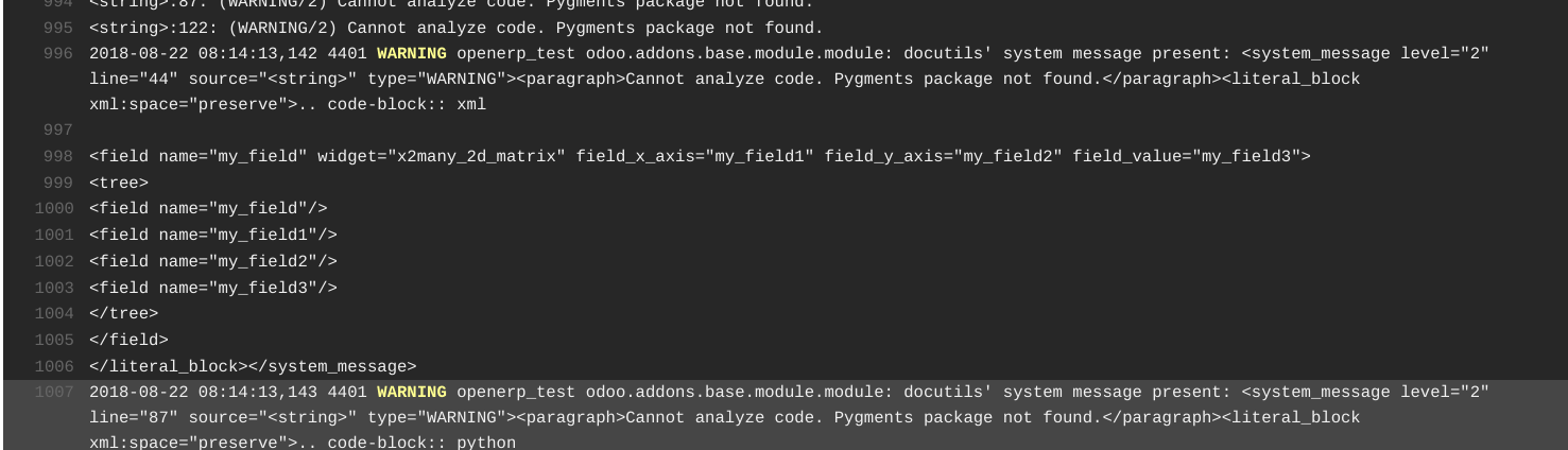 Install pygments to make odoo stop complaining about code in RST · Issue #568 · OCA/maintainer ...
