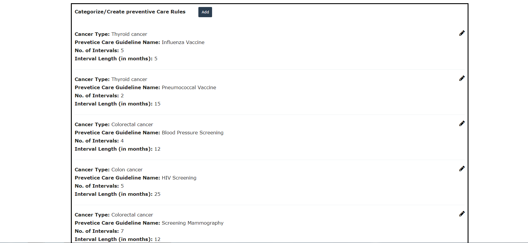 Admin Functionality - Categorize/create preventive care rules for different types of cancers ...