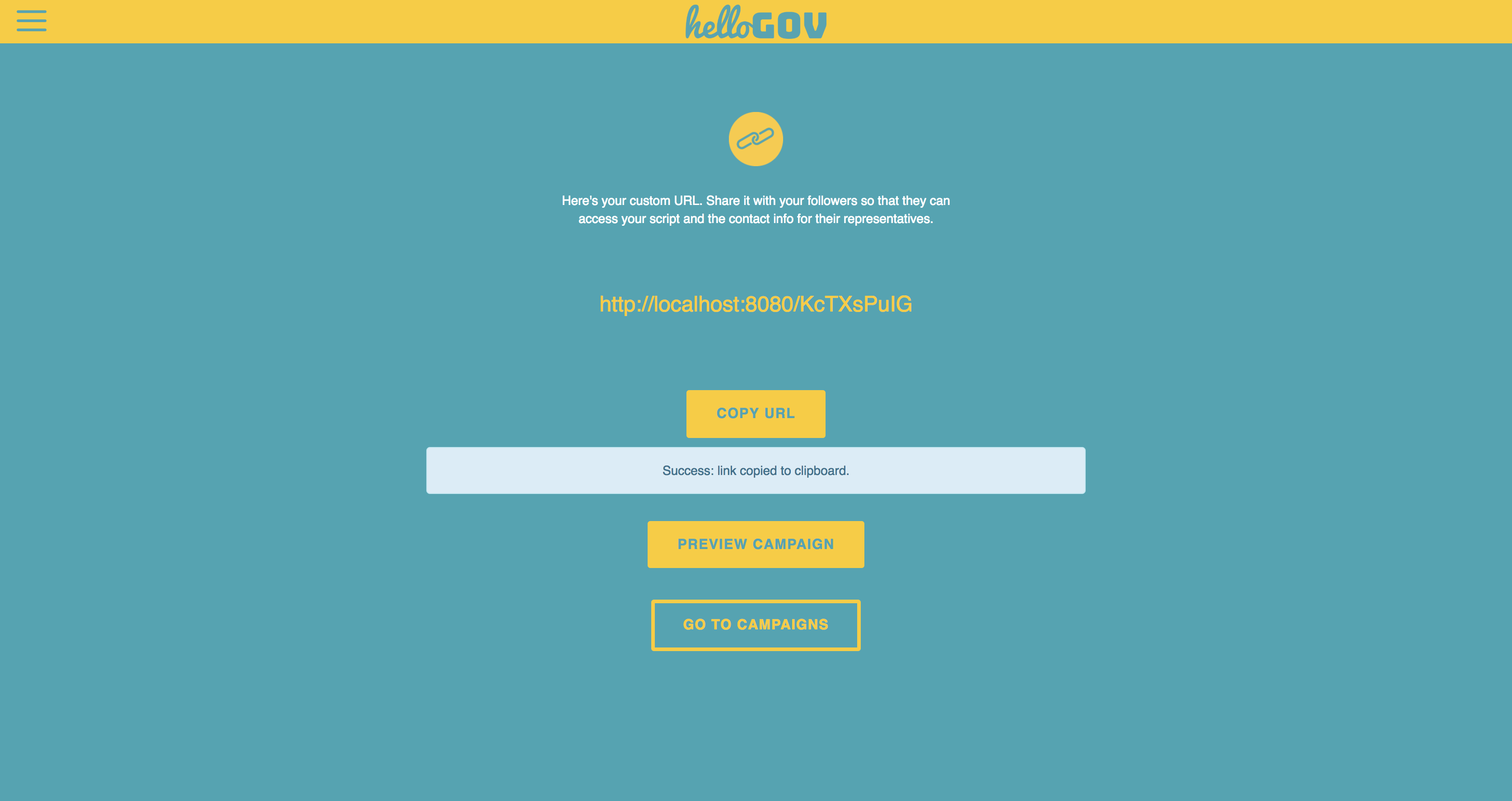 Success message for campaign list "Link" button · Issue #149 · helloGov ...