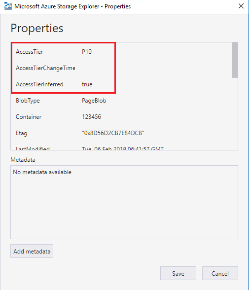 Extra three properties related to 'Access Tier' display in 'Properties' dialog for premium blobs ...
