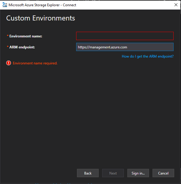 'Sign in...' is enabled when using an empty environment name and valid ARM endpoint on 'Custom ...