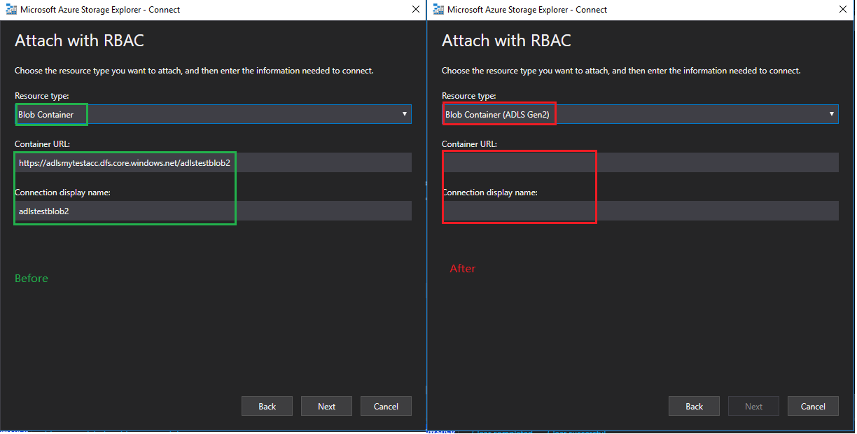 The pasted URL is removed after changing the Resource type to Blob Container(ADLS Gen2) on ...