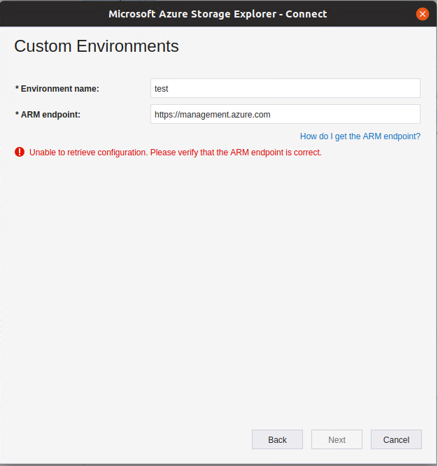 An error occurs when adding an environment with valid Environment name and ARM endpoint on ...