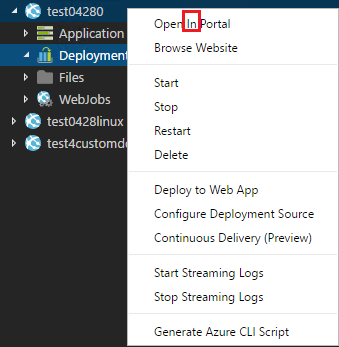 Display 'In' for the 'Open In Portal' · Issue #425 · microsoft/vscode-azureappservice · GitHub