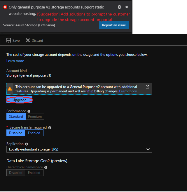 [Suggestion]Add solutions/links to prompt the customers to upgrade v1 storage account on the ...