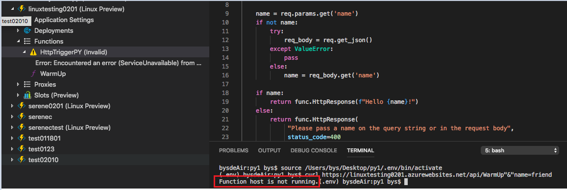 Display 'Function host is not running' after running 'curl ' · Issue #952 · microsoft/vscode ...