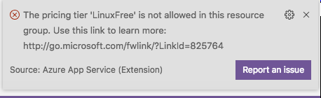 Fail to create a Linux web app due to the default pricing tier "LinuxFree" with basic creation ...