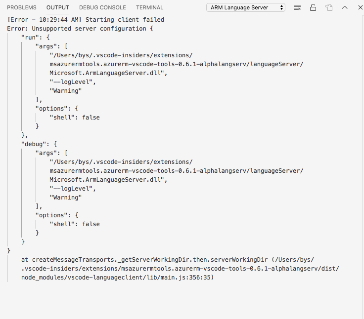 Pop up an error "Couldn't start client ARM Language Server" as long as an ARM deployment file is ...