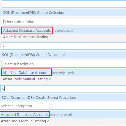 No "Attached Database Accounts" lists when running "SQL (DocumentDB): Create Database" · Issue ...