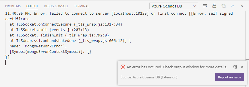 An error occurs when attaching MongoDB Emulator · Issue #1241 · microsoft/vscode-cosmosdb · GitHub