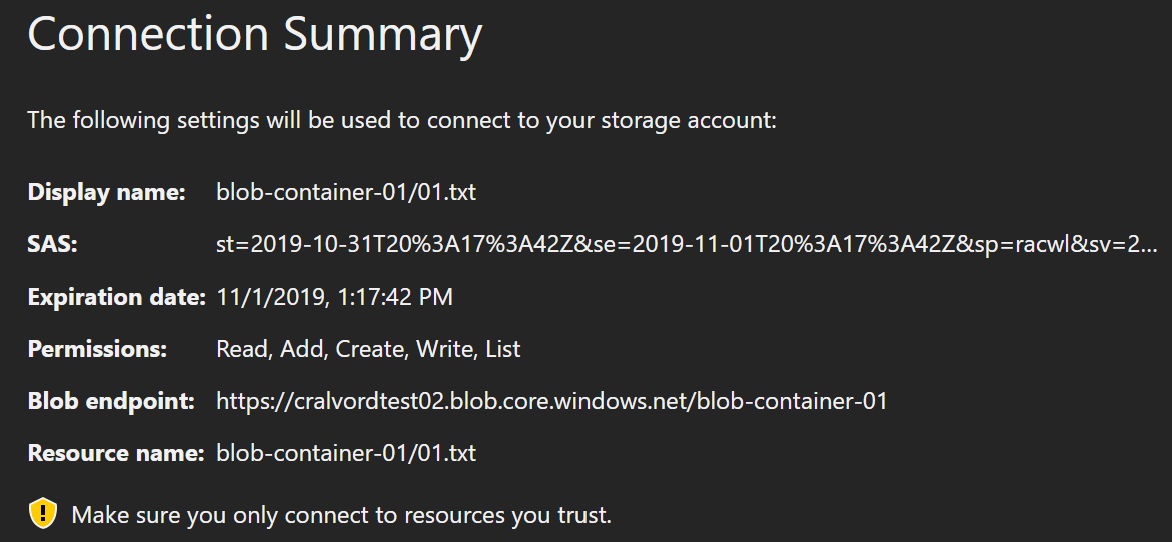 An error occurs after attaching one blob using a container-level shared access signature URI ...