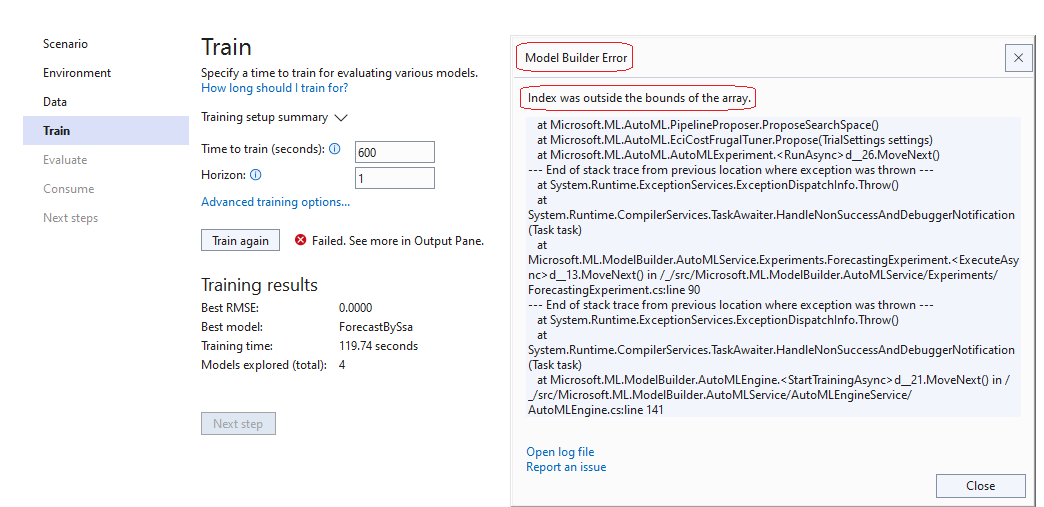 Model Builder Error Index Was Outside The Bounds Of The Array Forecasting Scenario · Issue