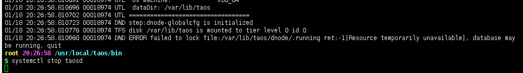 DND ERROR failed to lock file:/var/lib/taos/dnode/.running ret:-1[Resource temporarily ...