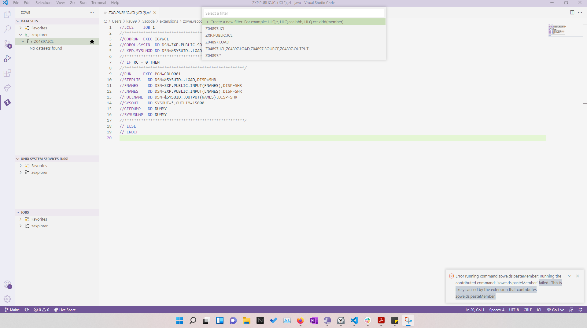 Error running command zowe.ds.pasteMember: Running the contributed ... Error running command zowe.ds.pasteMember: Running the contributed ...
