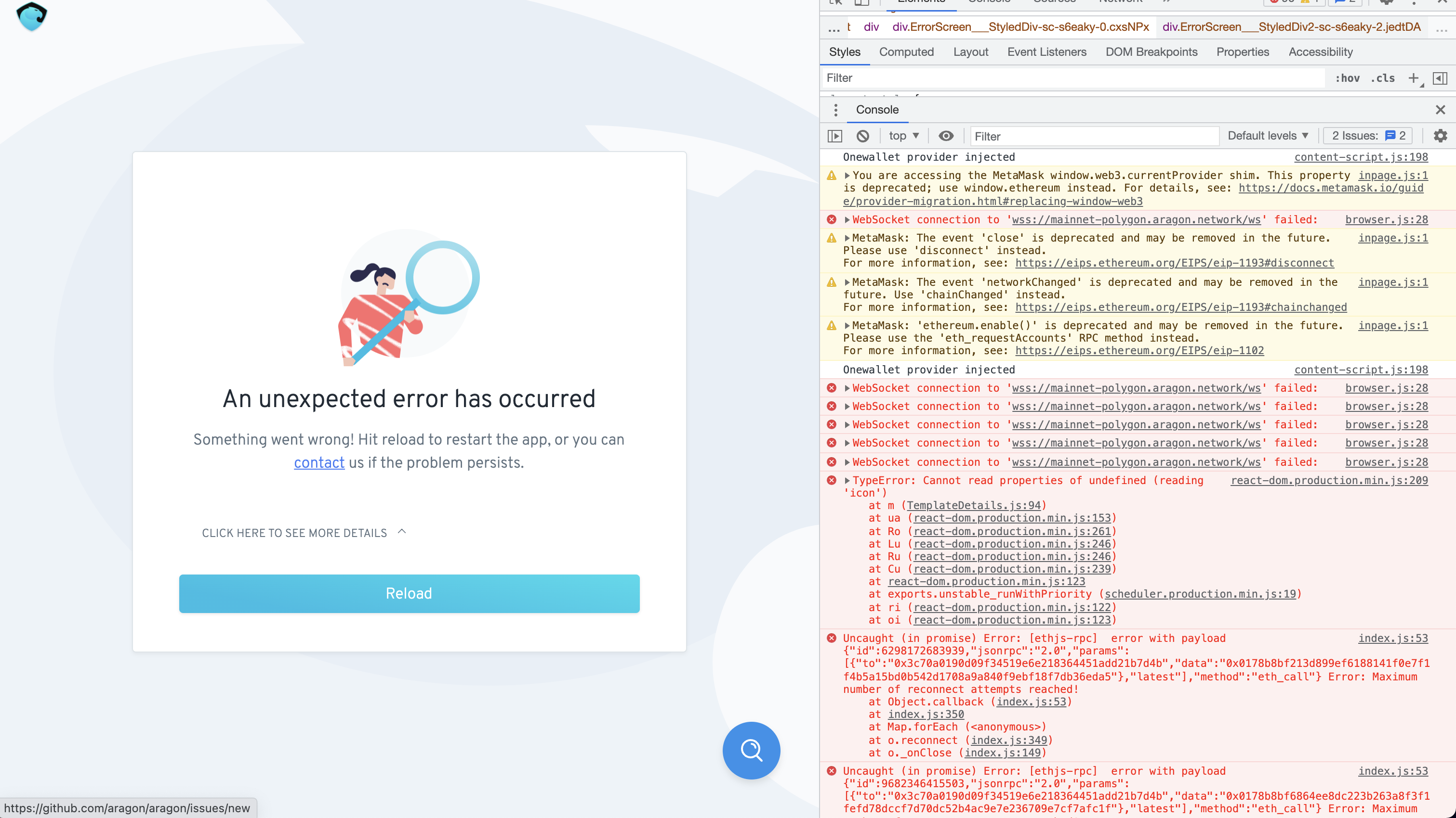 connection error to wss polygon endpoint · Issue #1691 · aragon/client · GitHub