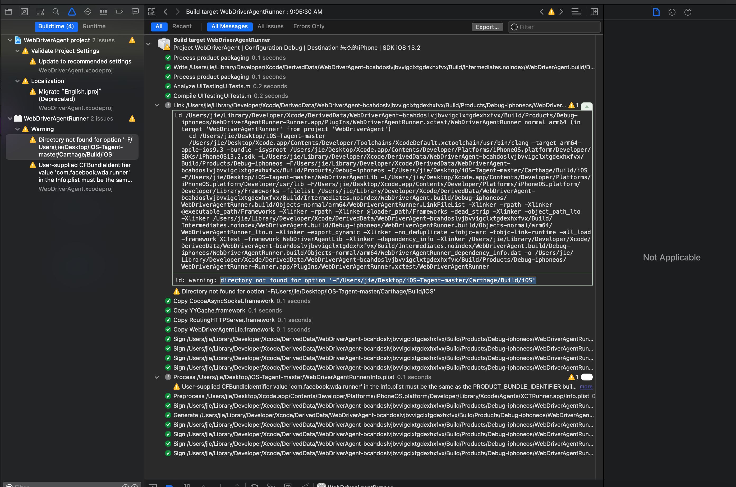 Directory not found for option '-F/Users/unsername/Desktop/iOS-Tagent-master/Carthage/Build/iOS ...