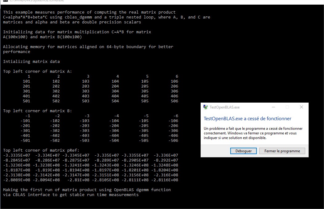 Crash With Open Blas Using Cblasdgemm With Square Matrix Of Size 100