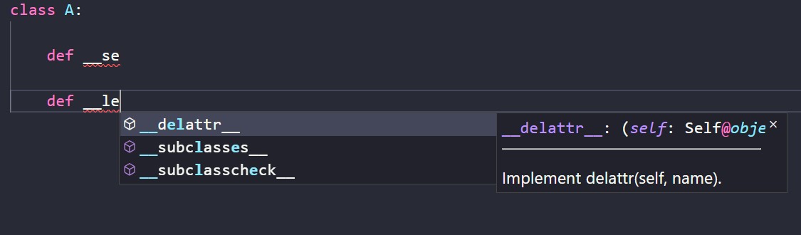 Code completion unavailable for some dunder methods (e.g. __setitem__ ...