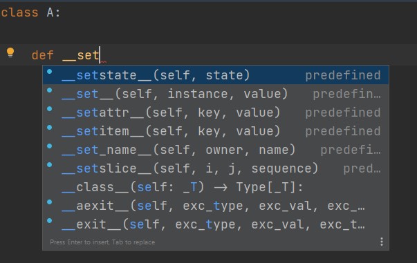 Code completion unavailable for some dunder methods (e.g. __setitem__ ...