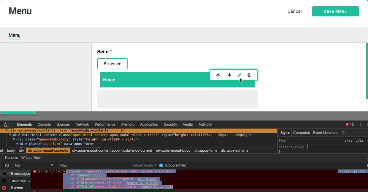 apostrophe-schemas: Unable to edit page displayed in chooser withType ...