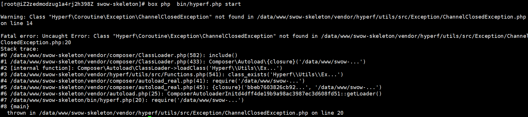 [BUG] swow 版本的hyperf启动时提示缺少 Hyperf\Coroutine\Exception\ChannelClosedException · Issue #5708 ...