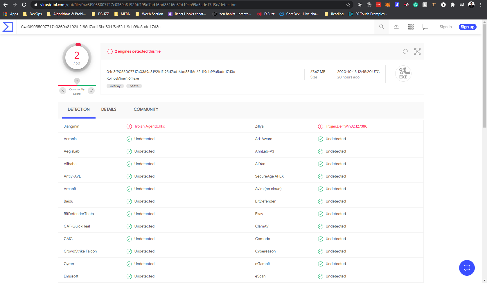 VirusTotal reports Trojan.Delf.Win32.127380 and Trojan.Agentb.hkd · Issue #117 · koinos/koinos ...