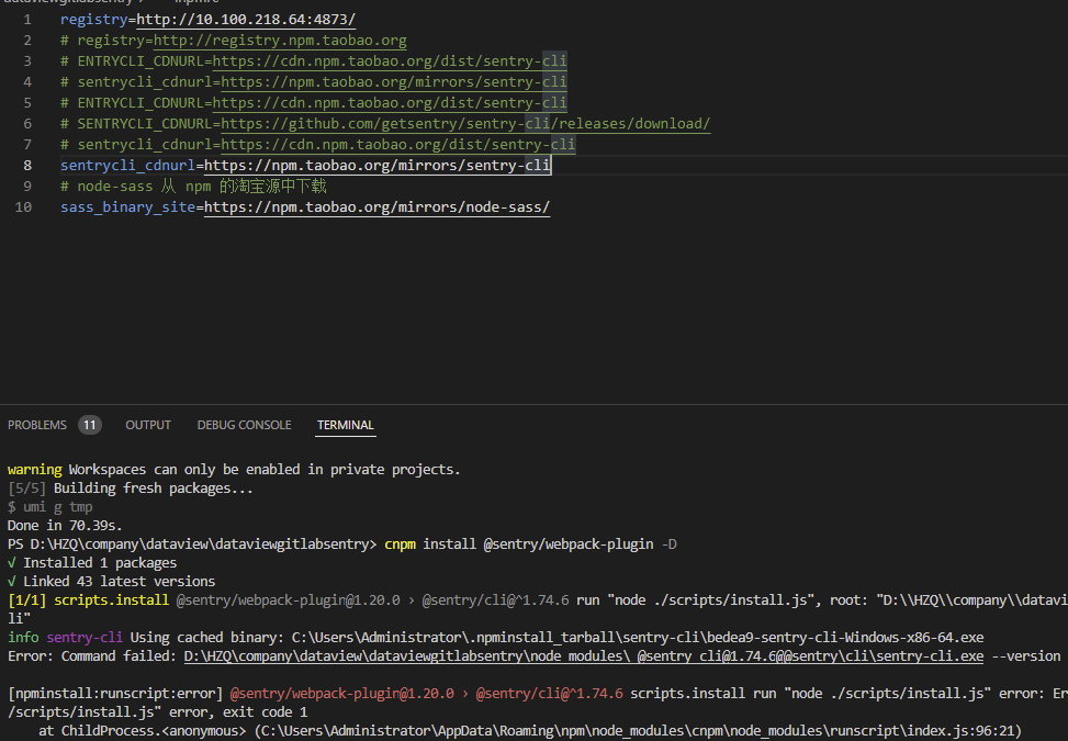 npm install --save-dev @sentry/webpack-plugin fails, FetchError: request to https://downloads ...
