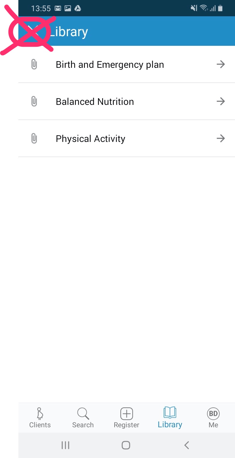 Remove the X Cancel button from Library page · Issue #473 · opensrp/opensrp-client-anc · GitHub