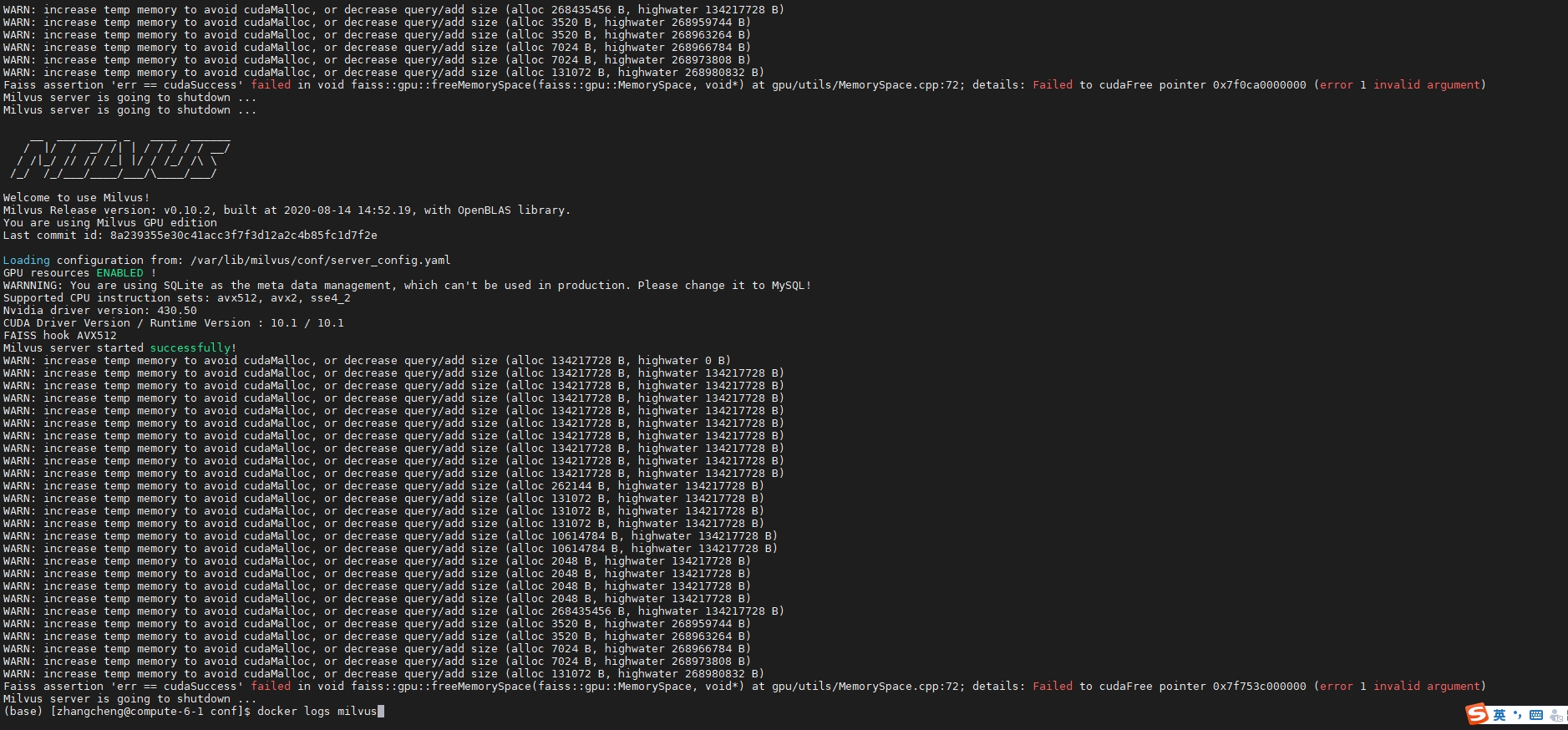Faiss assertion 'err == cudaSuccess' failed in void faiss::gpu::freeMemorySpace(faiss::gpu ...
