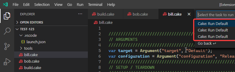 "Run Task" shows potentially confusing options, when multiple cake ...