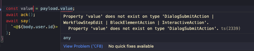BlockAction payload not showing `value` as valid option · Issue #1799 · slackapi/bolt-js · GitHub