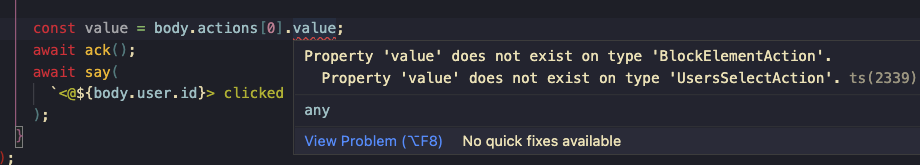 BlockAction payload not showing `value` as valid option · Issue #1799 · slackapi/bolt-js · GitHub