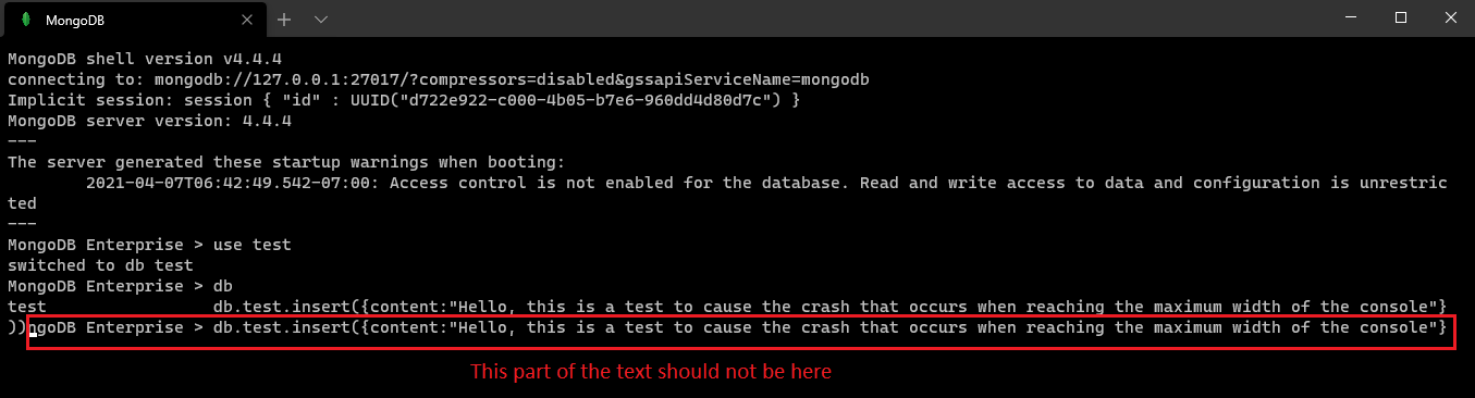 Line break with errors in MongoDB Shell · Issue #9756 · microsoft/terminal · GitHub