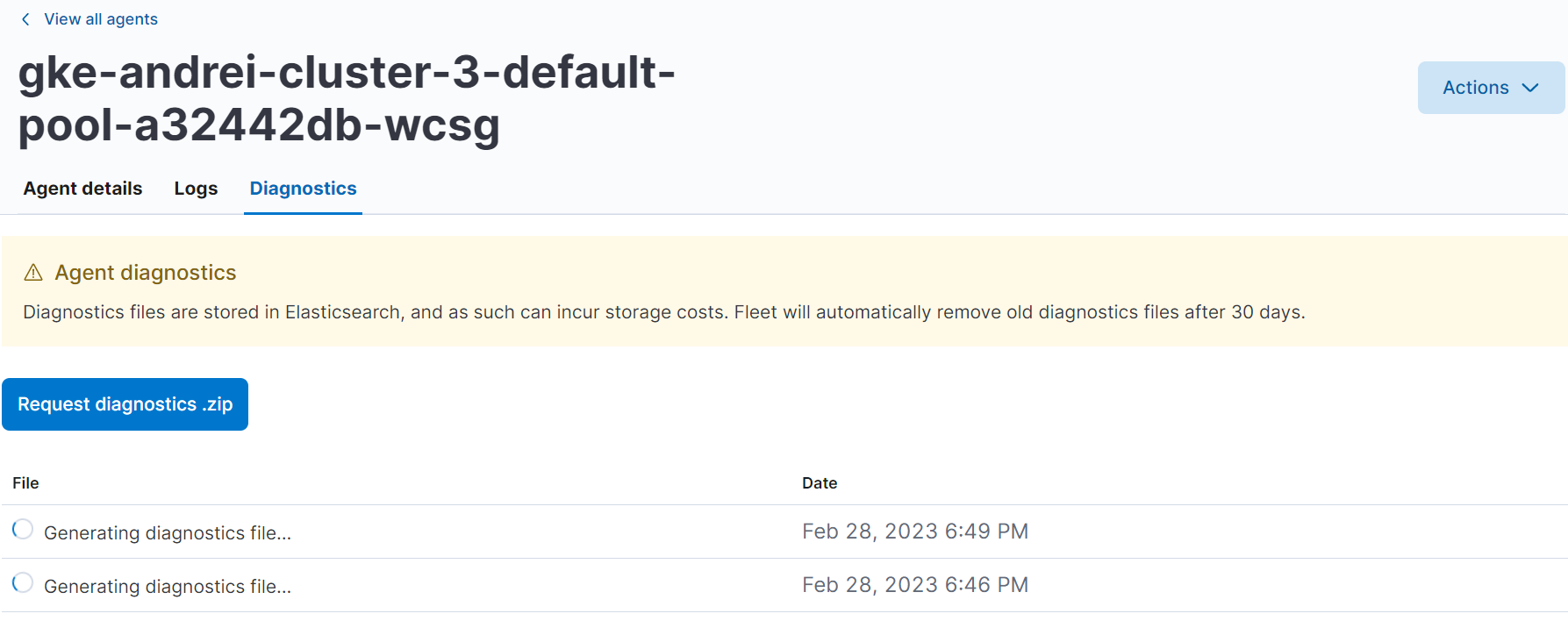[Fleet] Diagnostics will show as requesting forever if the agent restarts after the request was ...