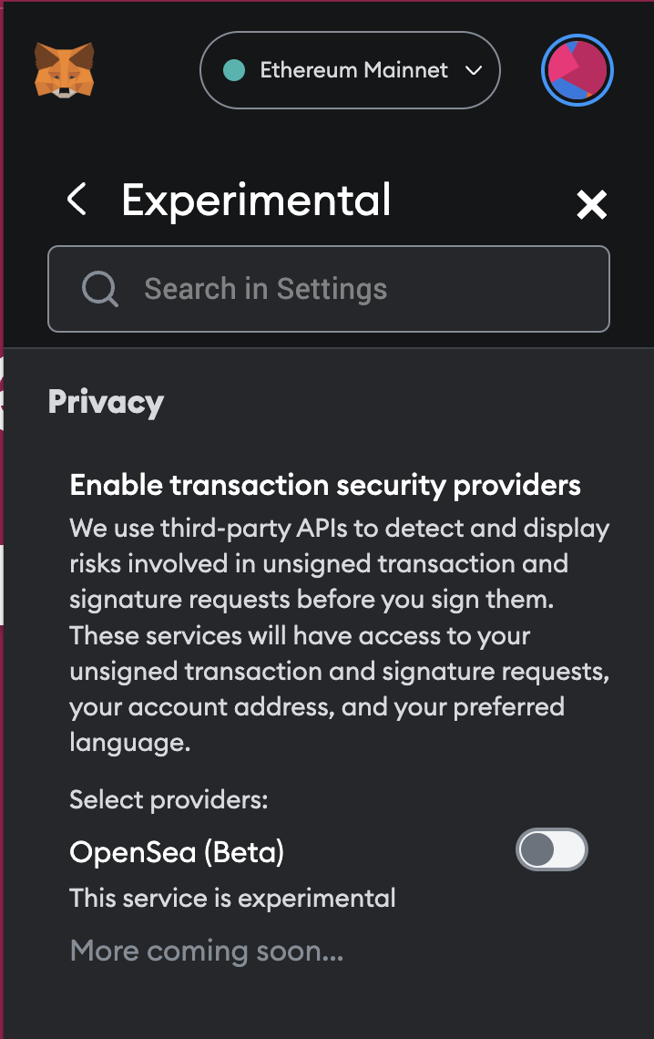 Add link to OpenSea's terms of service for the security provider feature · Issue #18374 ...