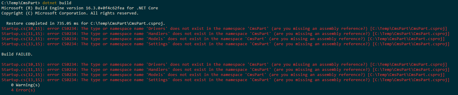 Project module created from CLI dotnet new command, with part option true, does not build ...
