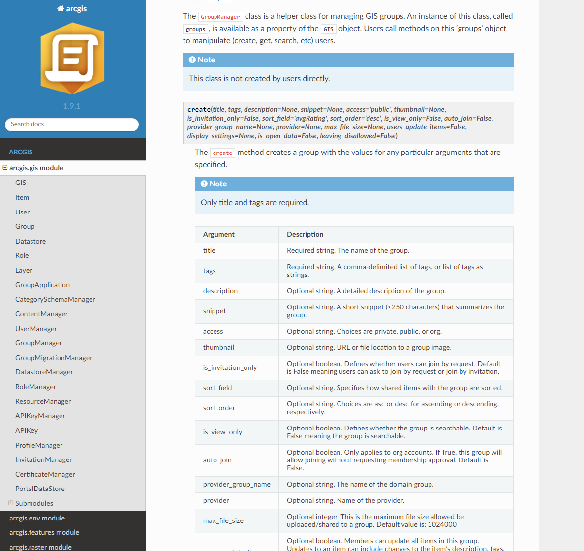 Documentation Issue Create Groups States Wrong Parameter · Issue 1150 · Esri Arcgis Python Api