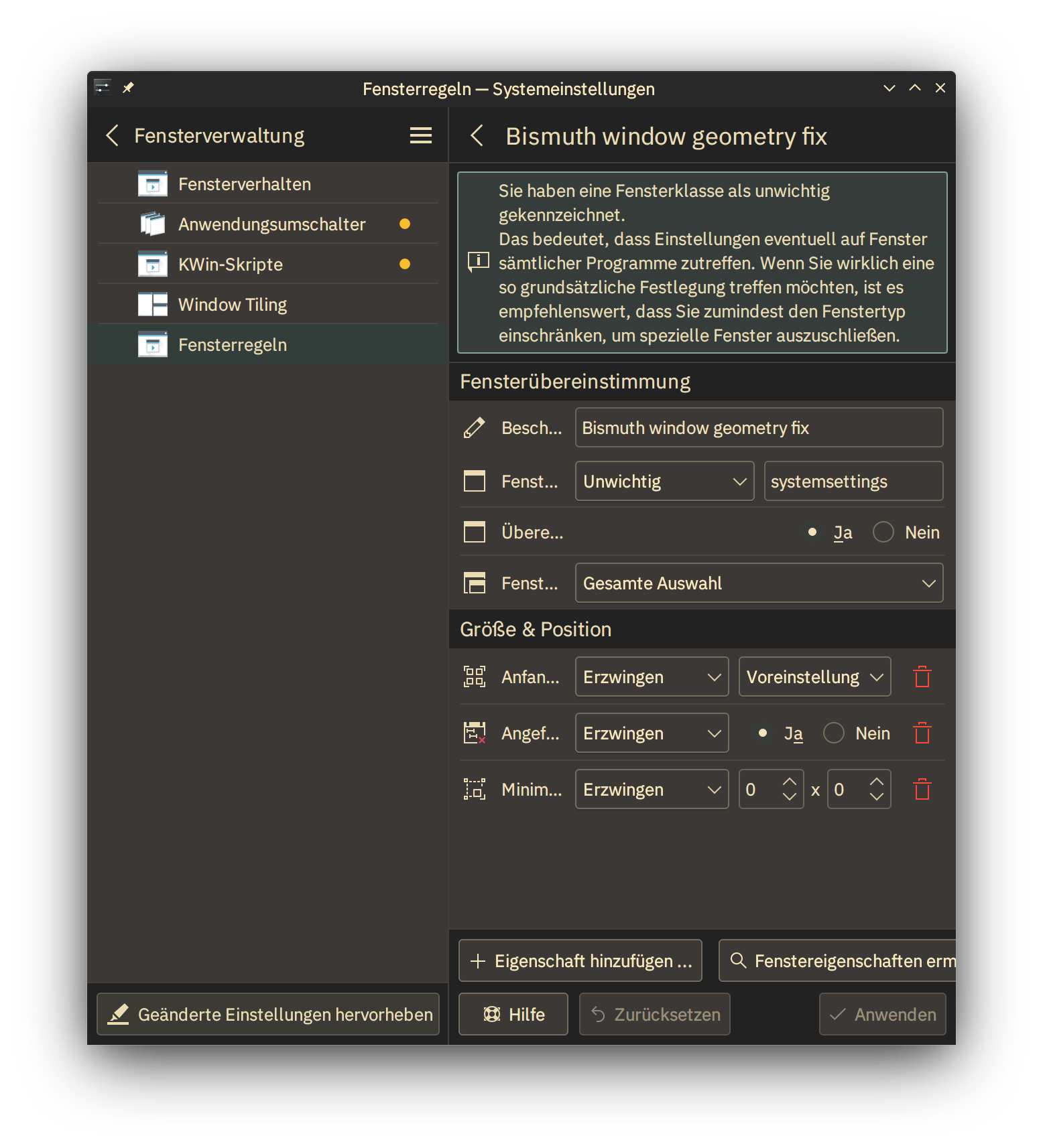 [Bug]: Bismuth incorrectly tiles systemsettings and other applications even after setting ...