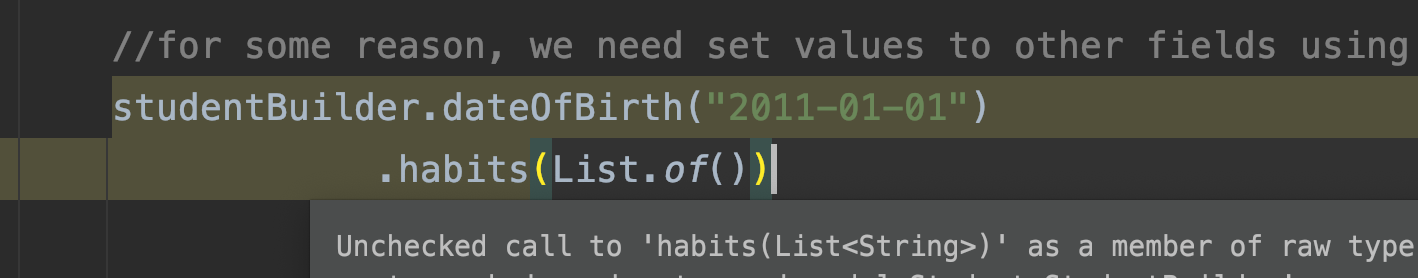 [BUG] @SuperBuilder: compile warning happens when we use generated ...