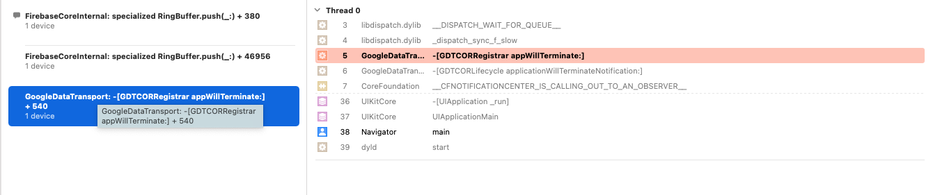 Intermittent FirebaseCoreInternal: specialized RingBuffer.push(_:) + 380 crash · Issue #10025 ...