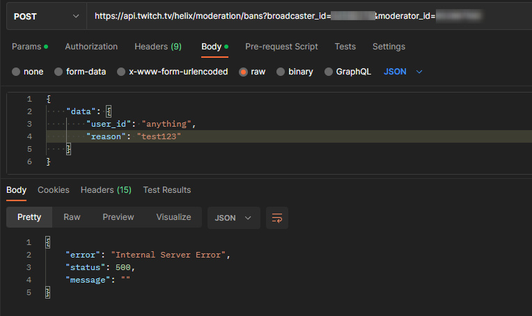 Non user_id's to /moderation/bans returns status code 500 · Issue #746 · twitchdev/issues · GitHub